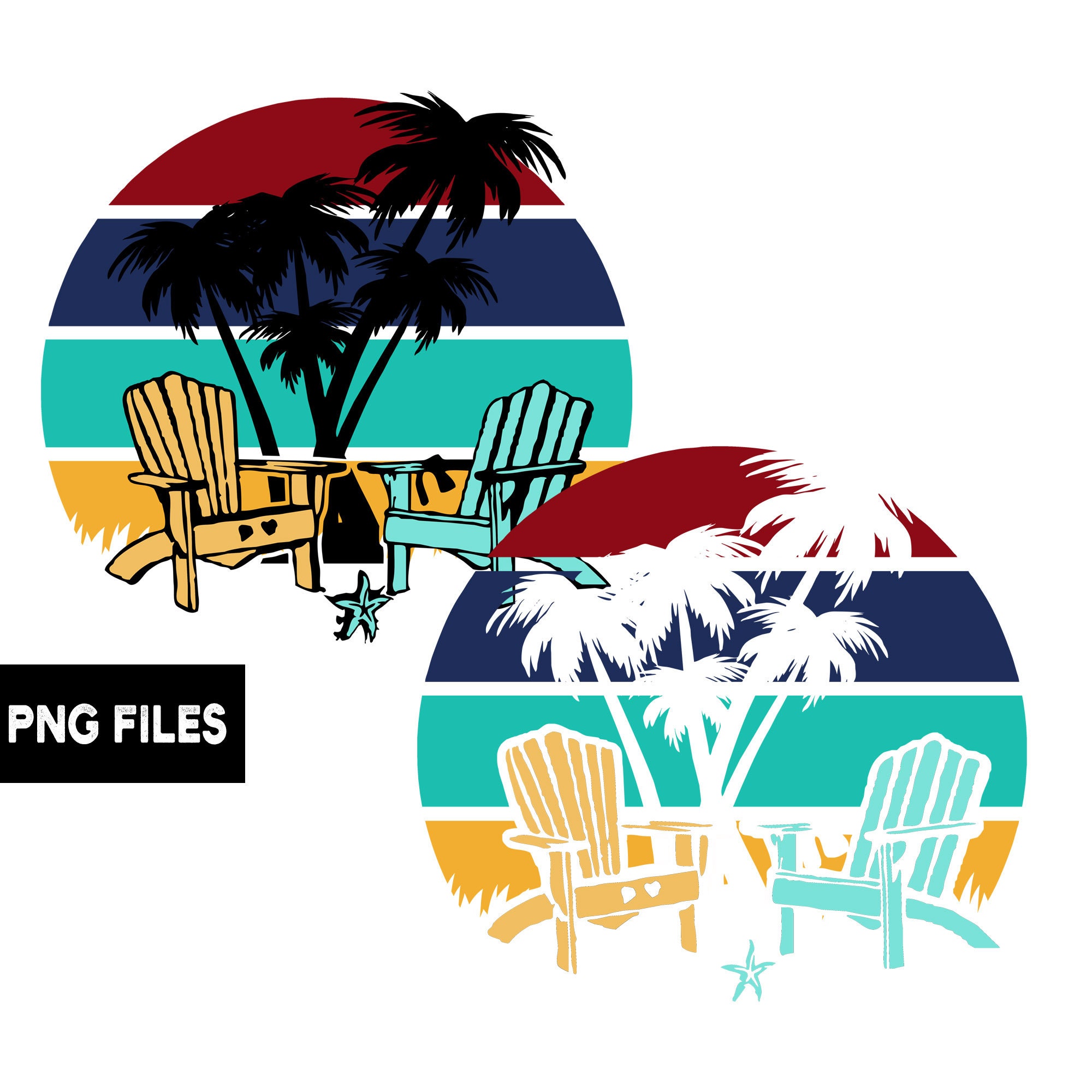Beach Chairs Palm Trees Retro Sunset PNG Background Clip Art Print on ...