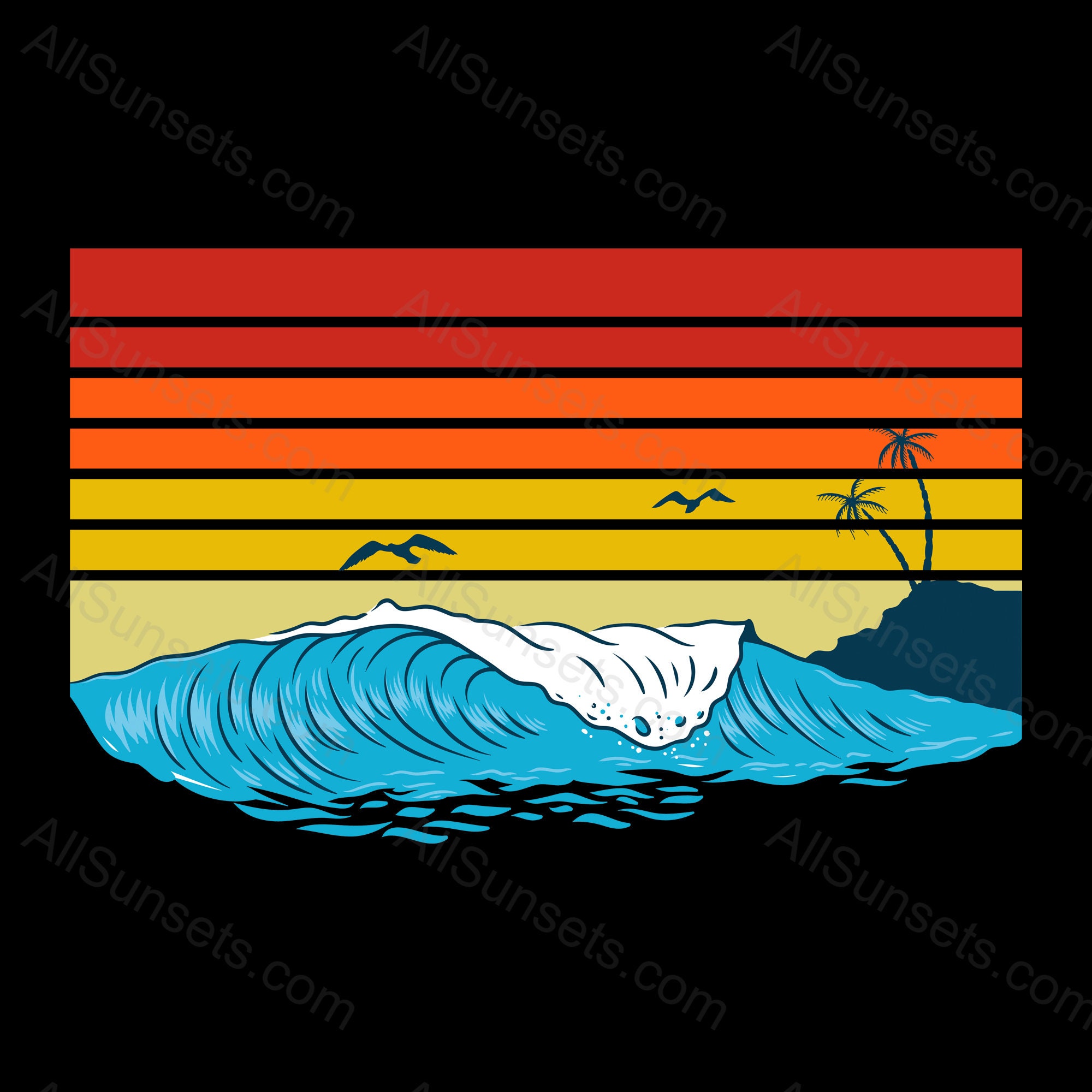 Retro Sunset With Waves Horizontal PNG Clip Art Multi Color Palette ...