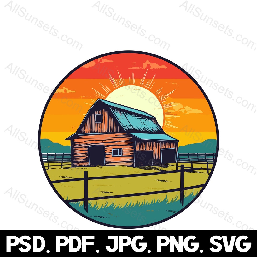 Old Barn in Field Retro Sunset Svg Png Jpg Pdf Psd File Types Farming ...