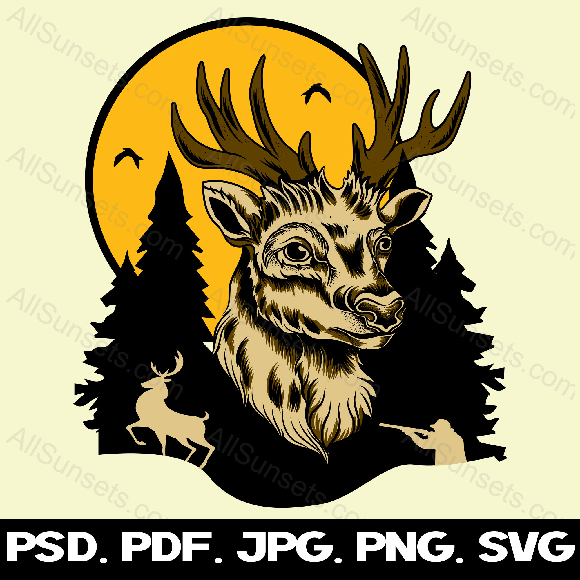 Deer Buck Head Trees Scene Svg Png Jpg Pdf Psd File Types - Etsy