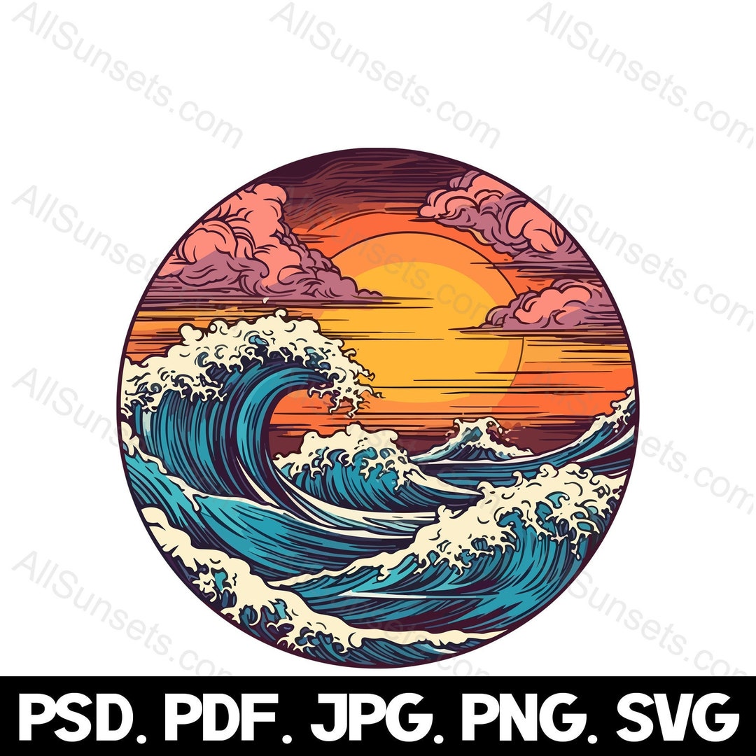 Ocean Waves Retro Sunset Circle Svg Png Psd Jpg Pdf Round Clipart Water ...