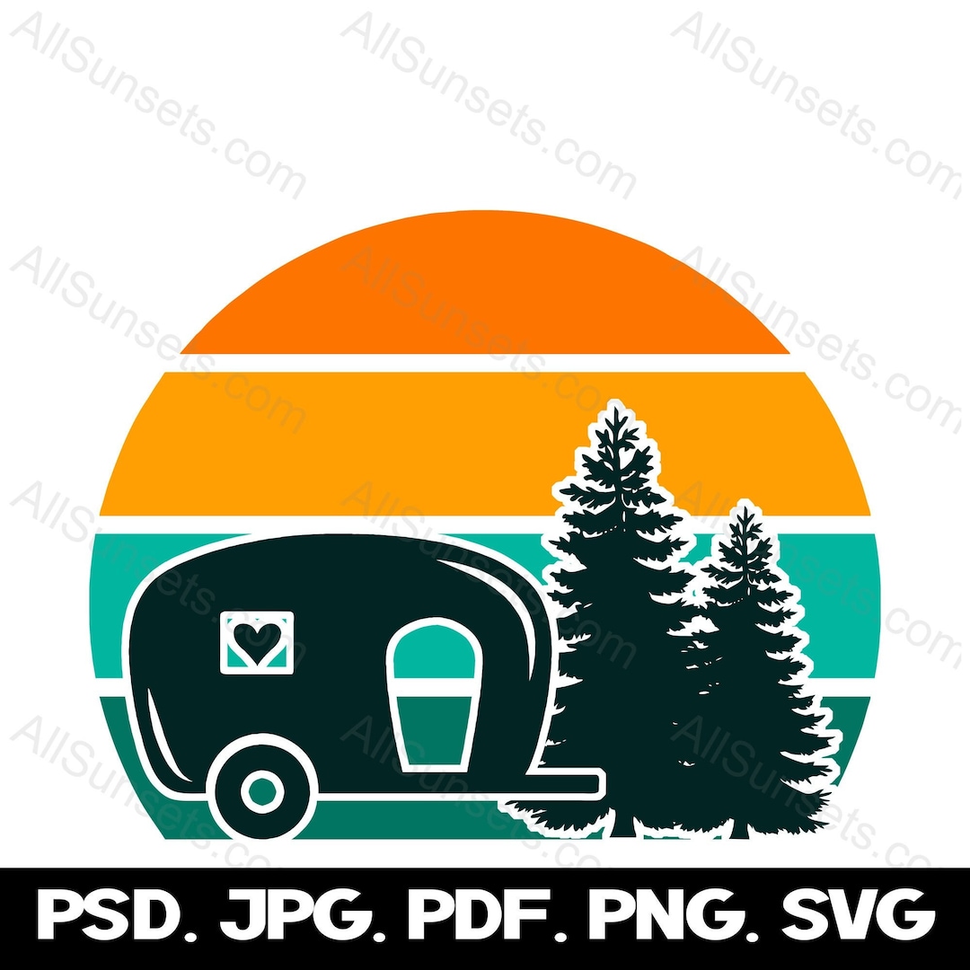 Camper Heart Window Retro Sunset PNG SVG Cut File Clipart Camping Trees ...