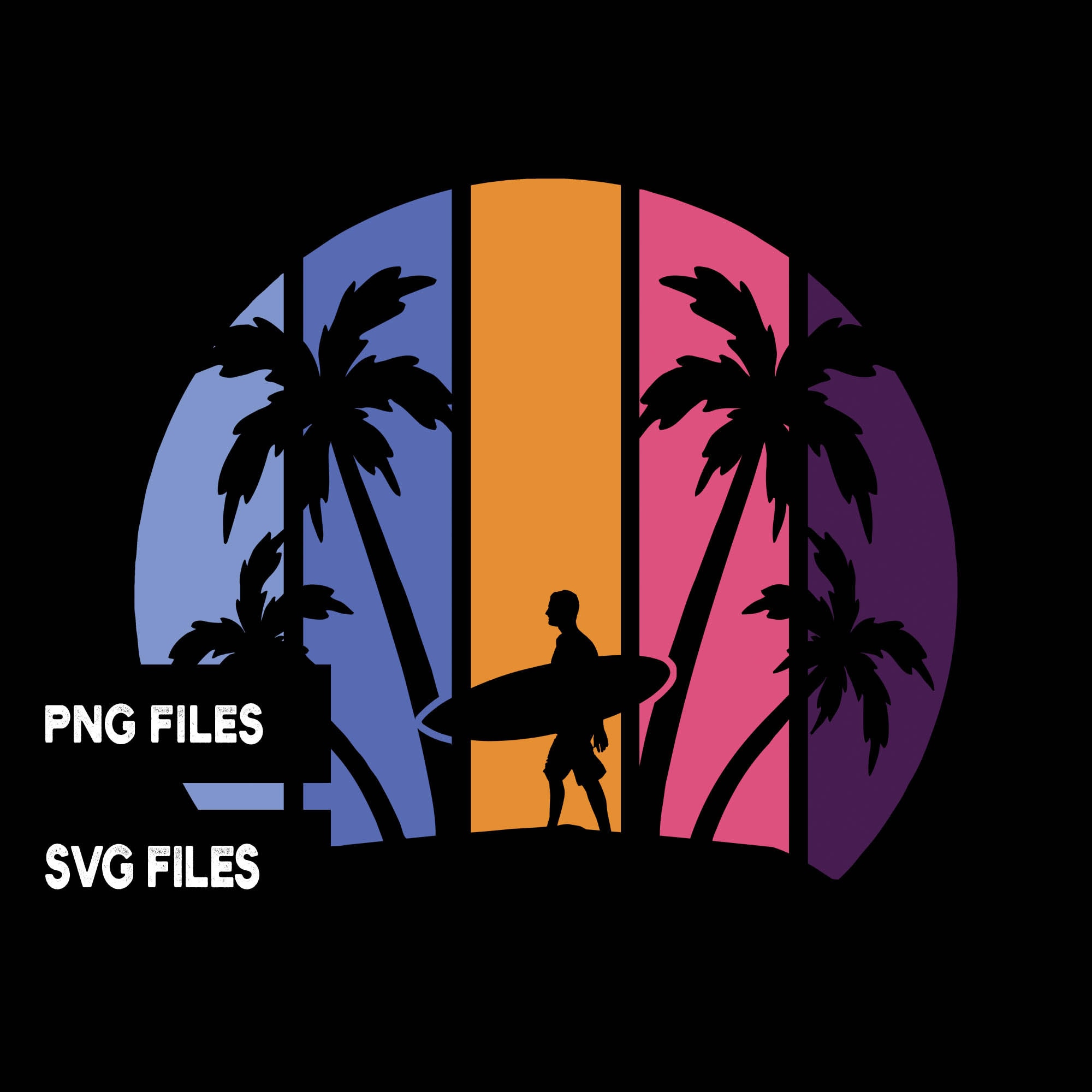 Male Surfer Palm Trees Retro Sunset PNG SVG Cut Files Beach Ocean ...