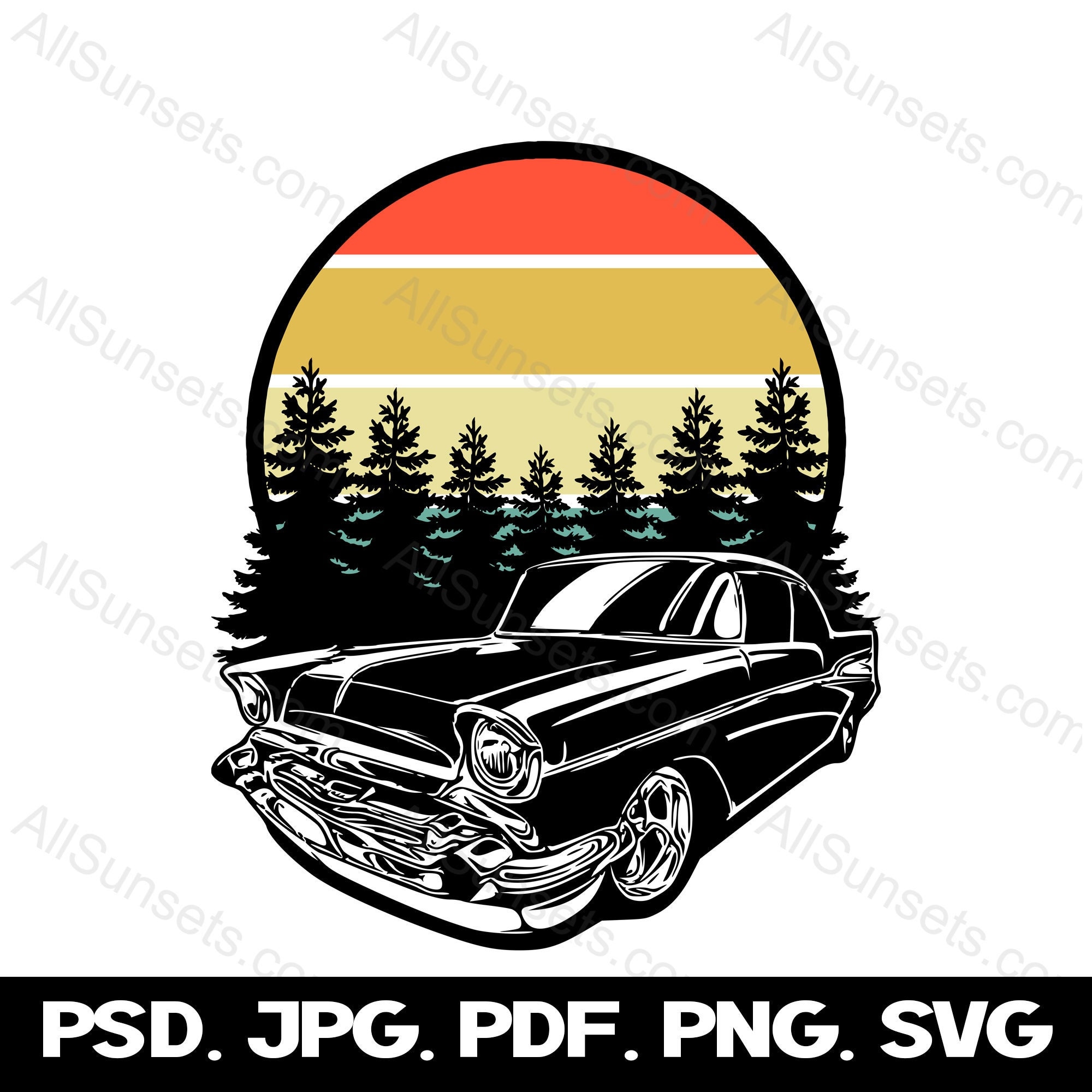 1950's Classic Car SVG Vintage 50's Hotrod Forest Retro Sunset Vehicle ...