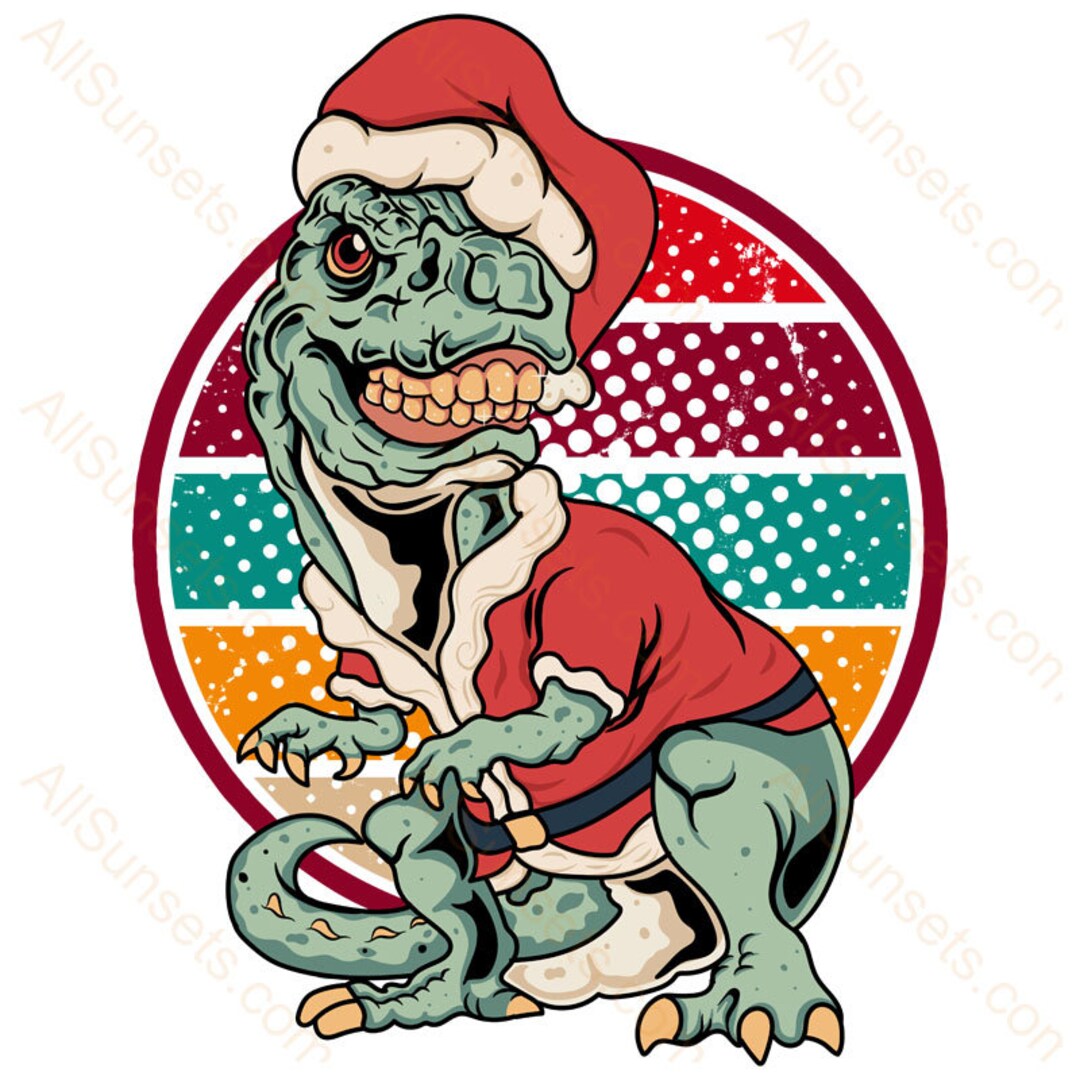 T-rex Sunset -t-rex Dino Santa Hat Christmas Retro Sunset PNG Christmas ...