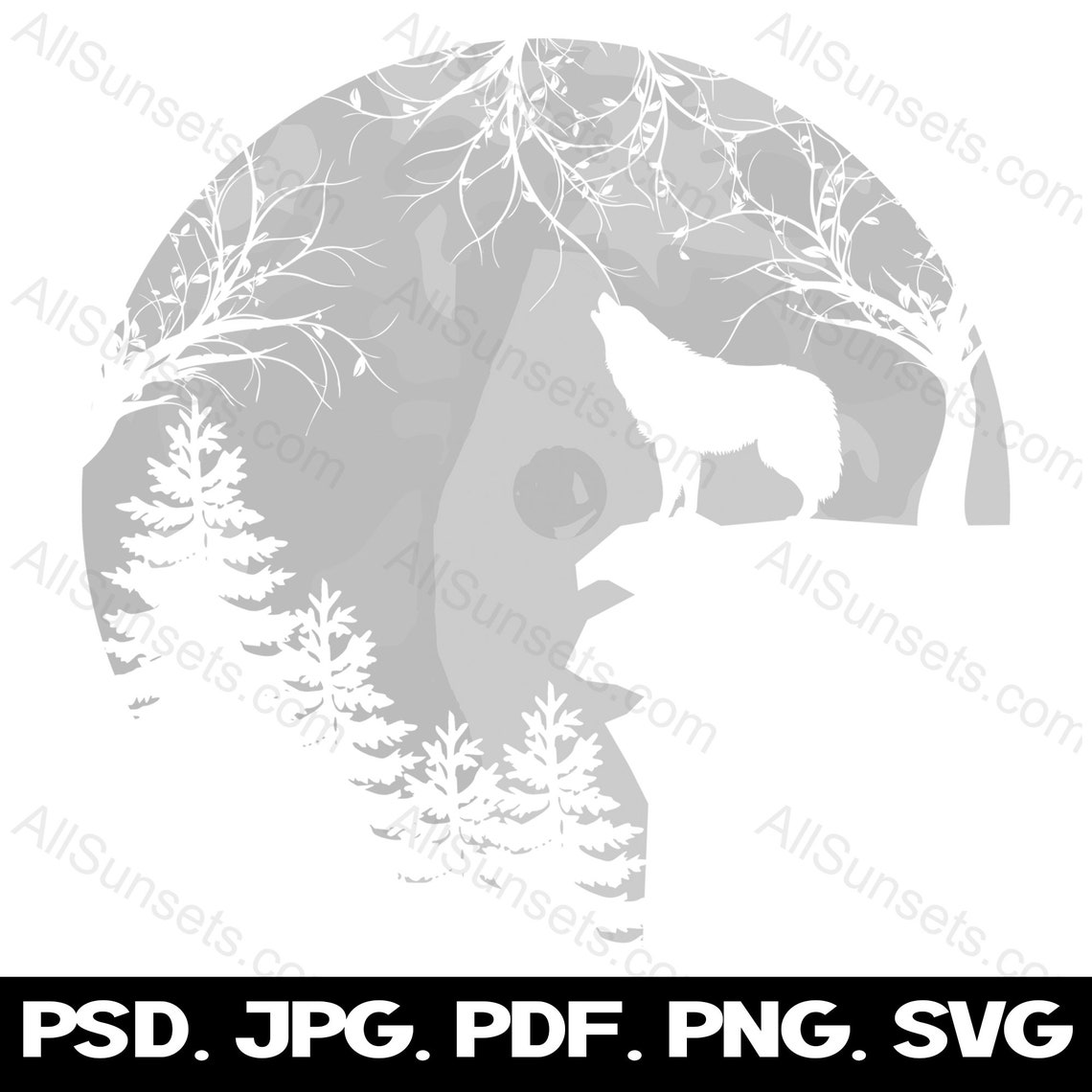 Howling Wolf Full Moon Tree Limbs Svg Png Jpg Pdf Psd File - Etsy