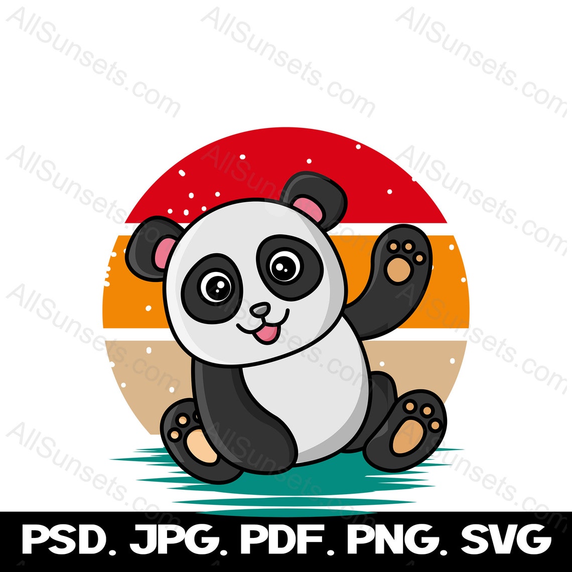 Panda Waving Retro Vintage Sunset PNG SVG PSD Jpg Pdf Clipart - Etsy