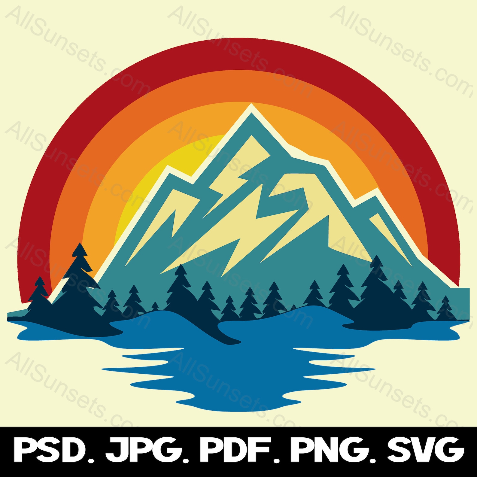 Mountain Lake Retro Sunset Svg Png Jpg Psd Pdf File Types - Etsy