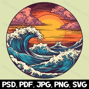 Ocean Waves Retro Sunset Circle Svg Png Psd Jpg Pdf Round Clipart Water ...