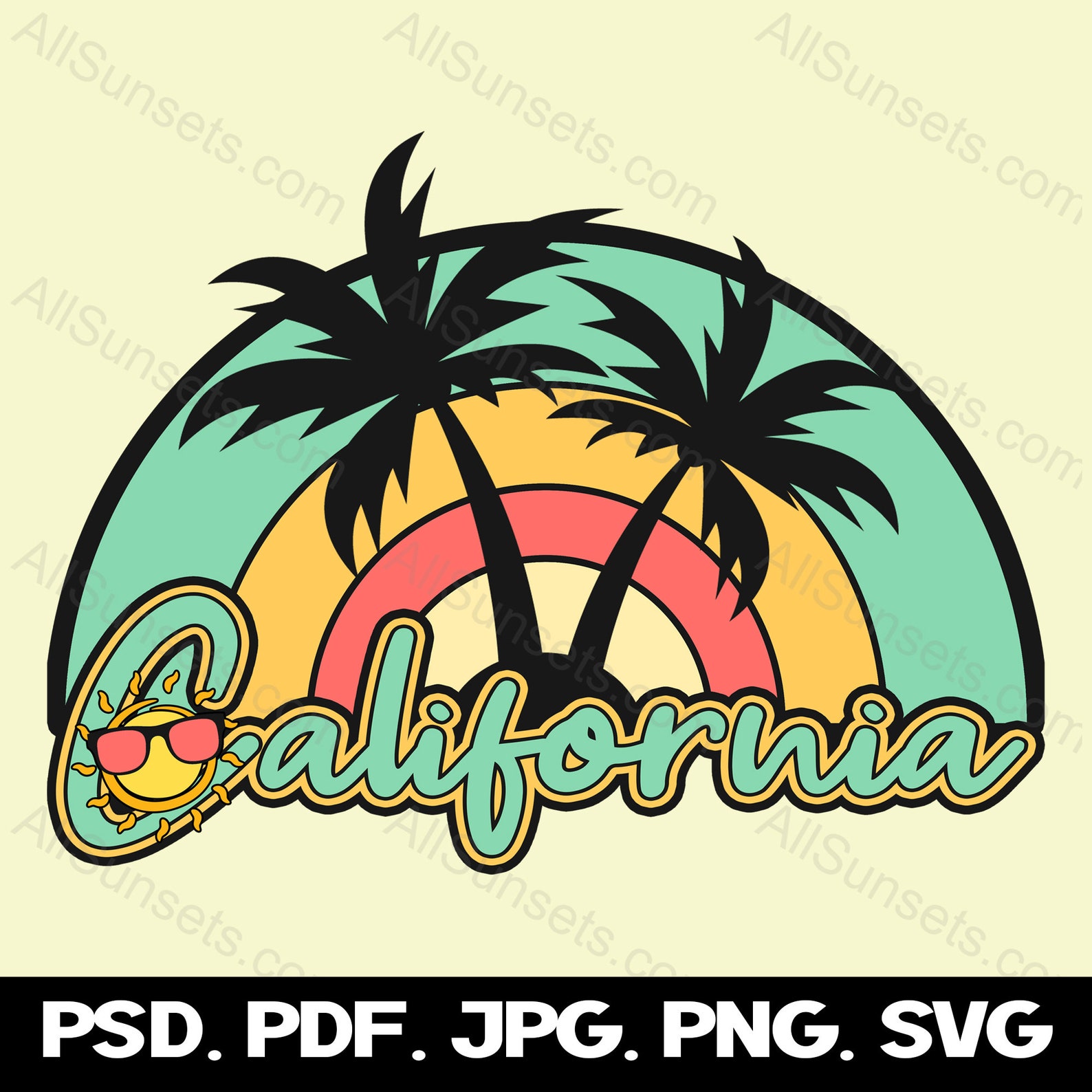 California Beach Retro Sunset Svg Png Jpg Pdf Psd File Types - Etsy