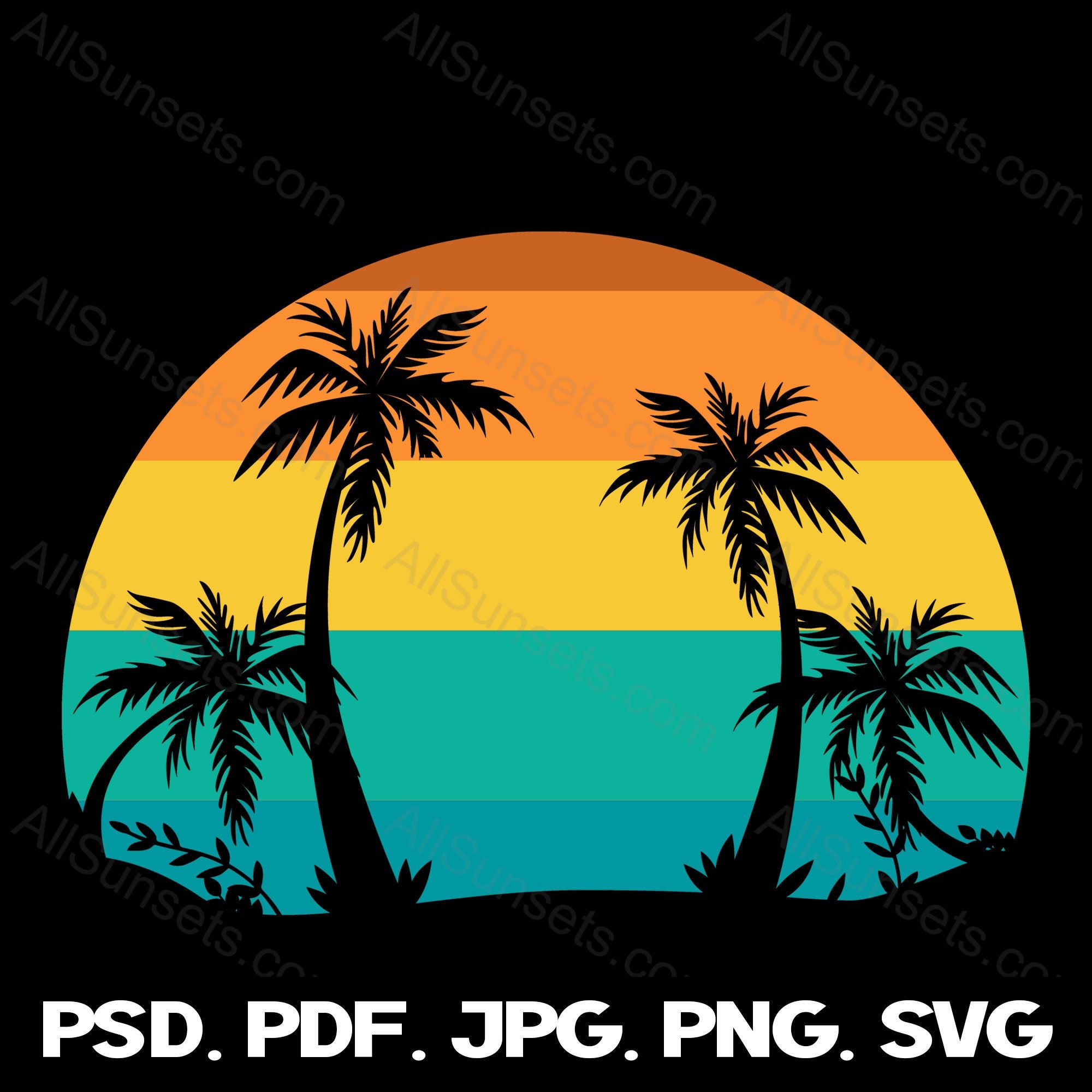 Retro Vintage Sunset PNG and SVG Cut File Beach Palm Trees Orange ...