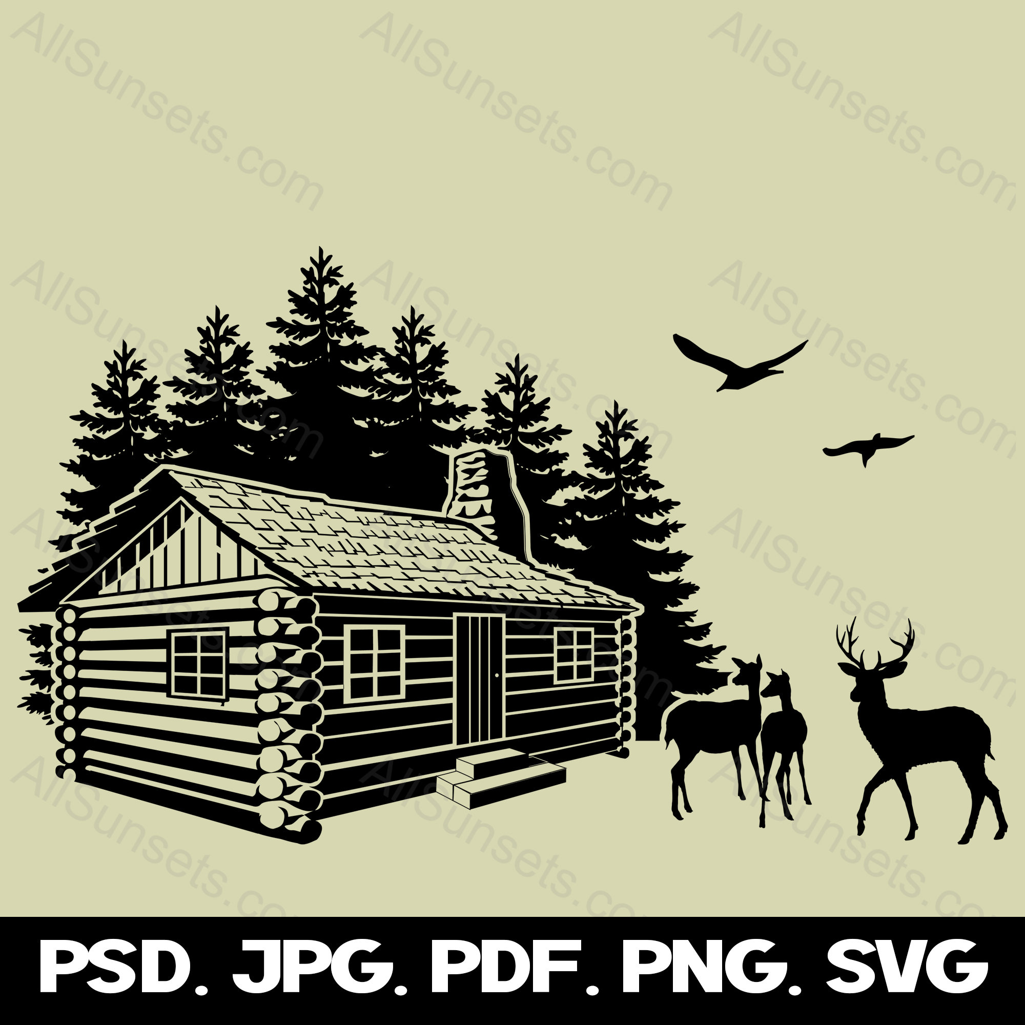 Log Cabin Woods Deer Birds Svg Png Jpg Psd Pdf File Types - Etsy Canada