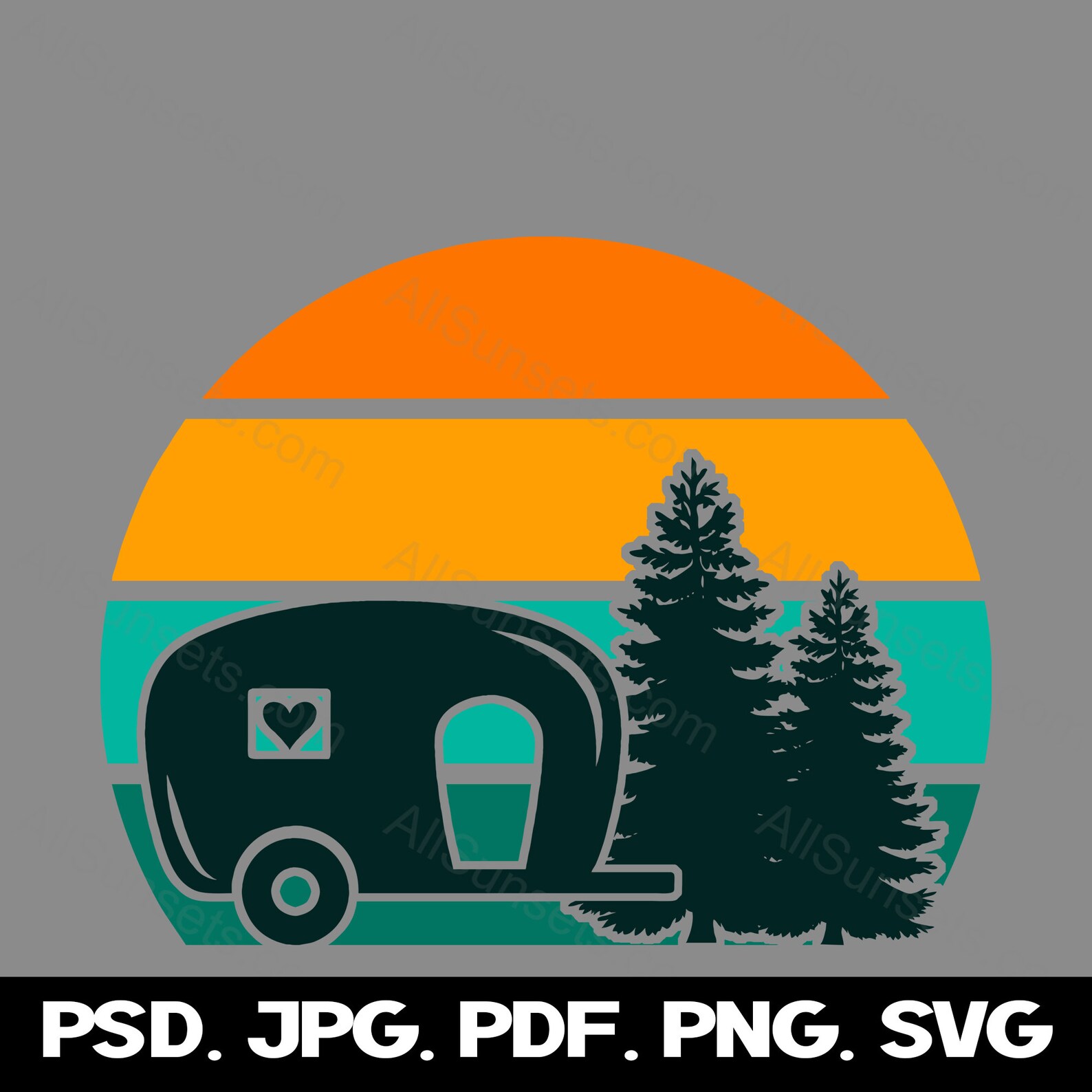 Camper Heart Window Retro Sunset PNG SVG Cut File Clipart Camping Trees ...
