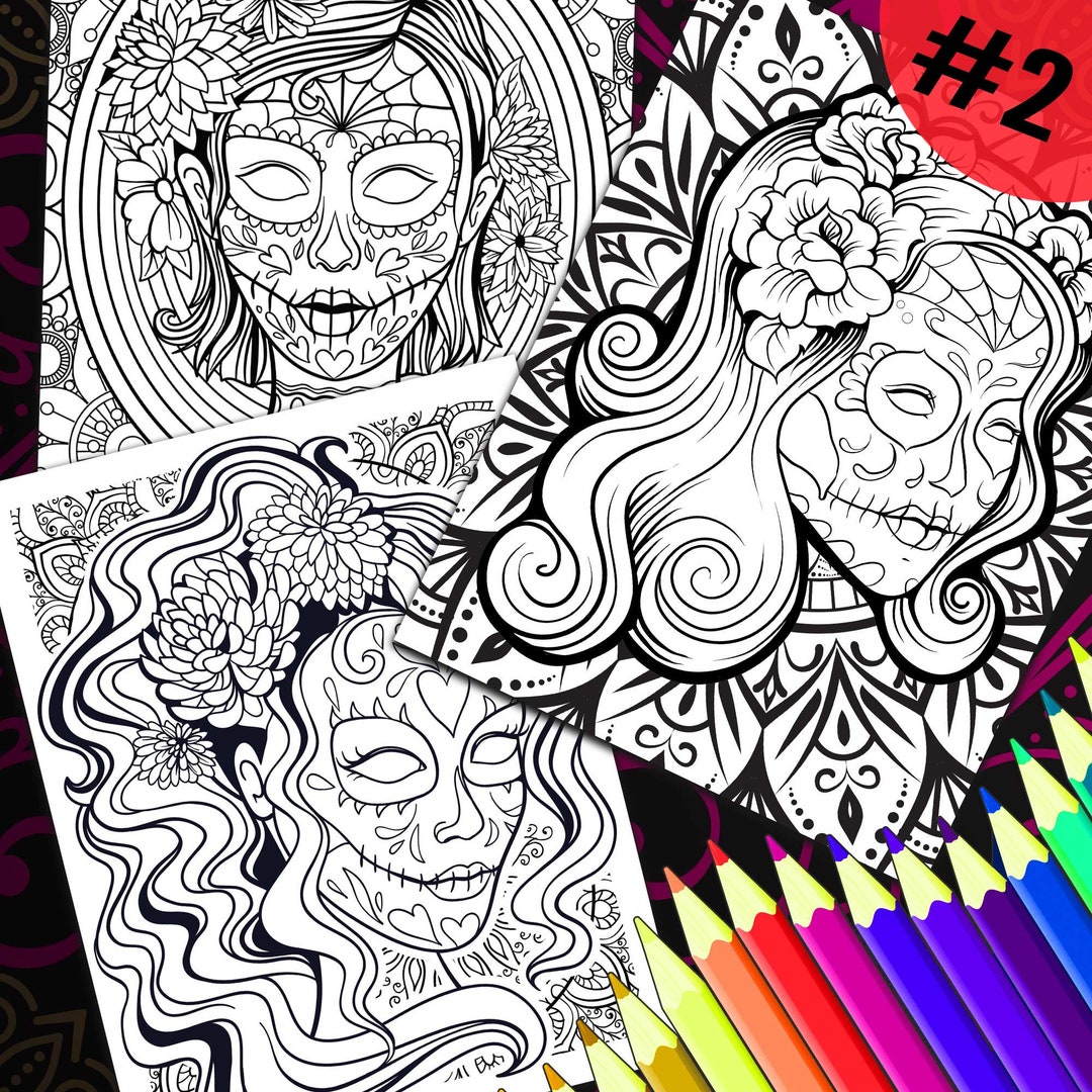 Dia De Muertos Adult Coloring Pages 3 Pack #2 Day of the Dead Calavera ...