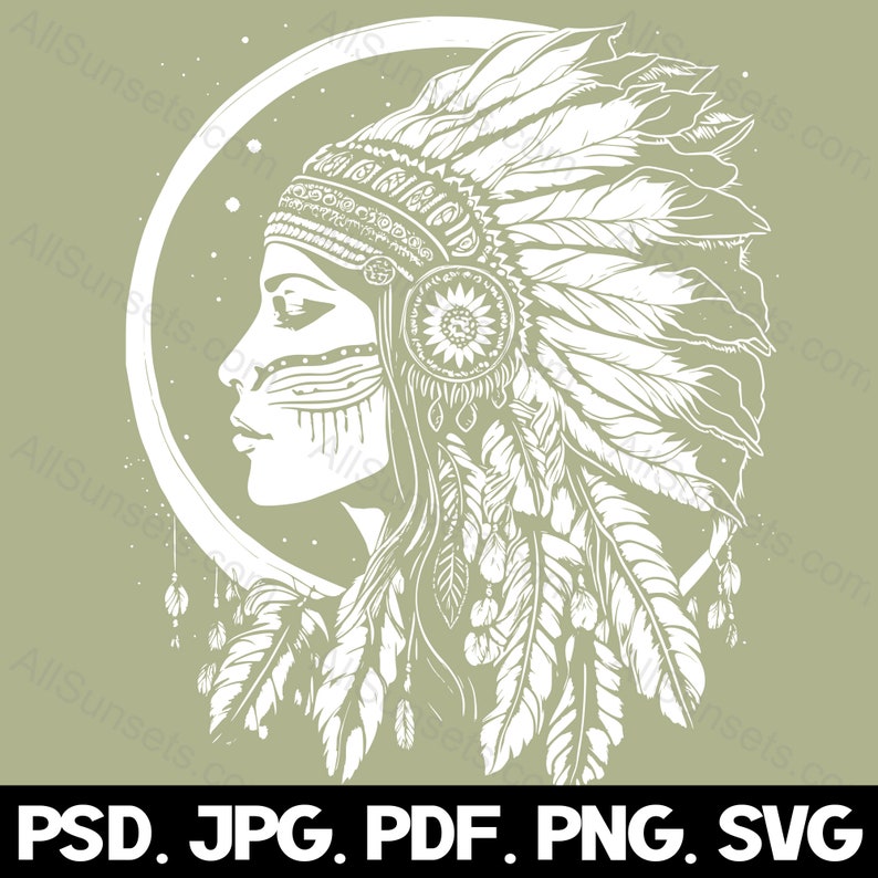 Indian Maiden Headdress Full Moon Svg Png Jpg Pdf Psd File Types Native ...