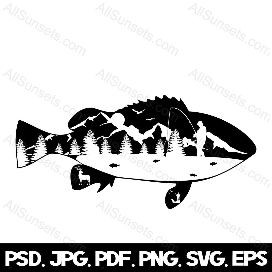 Fish Shape Cutout Clipart, Mountain Forest, Hunting and Bass Fishing ...