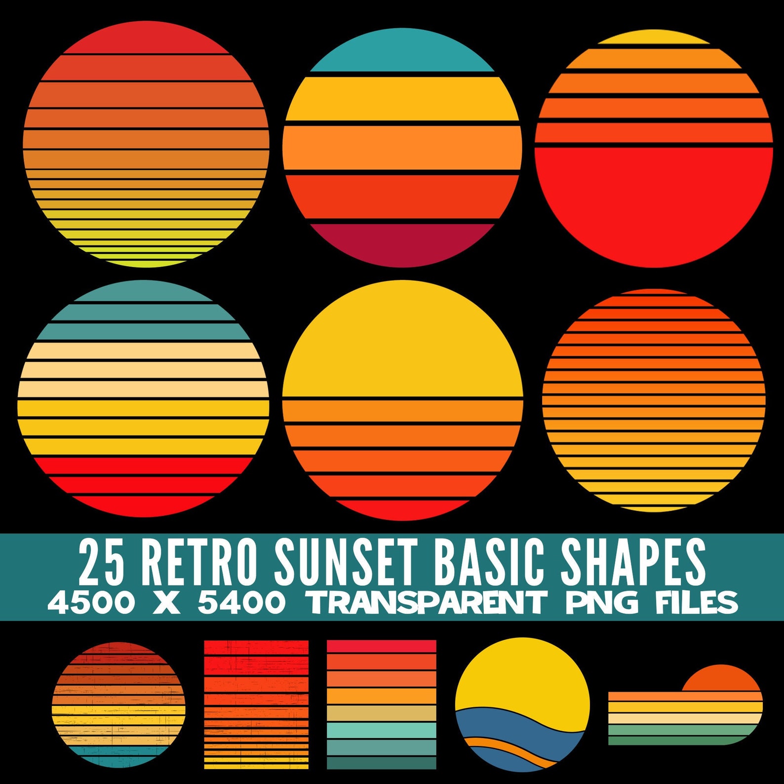 25 Retro Sunsets Basic Shapes Clip Art PNG Circle Rectangle - Etsy