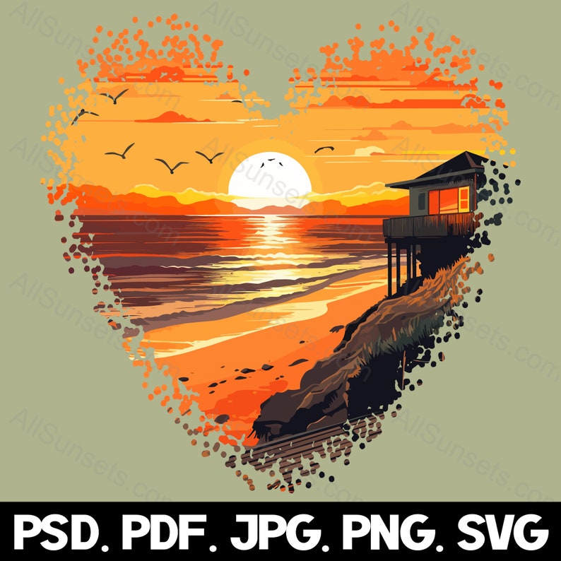 Beach House Heart Shaped Sunset Svg Png Jpg Pdf Psd File Types Retro ...