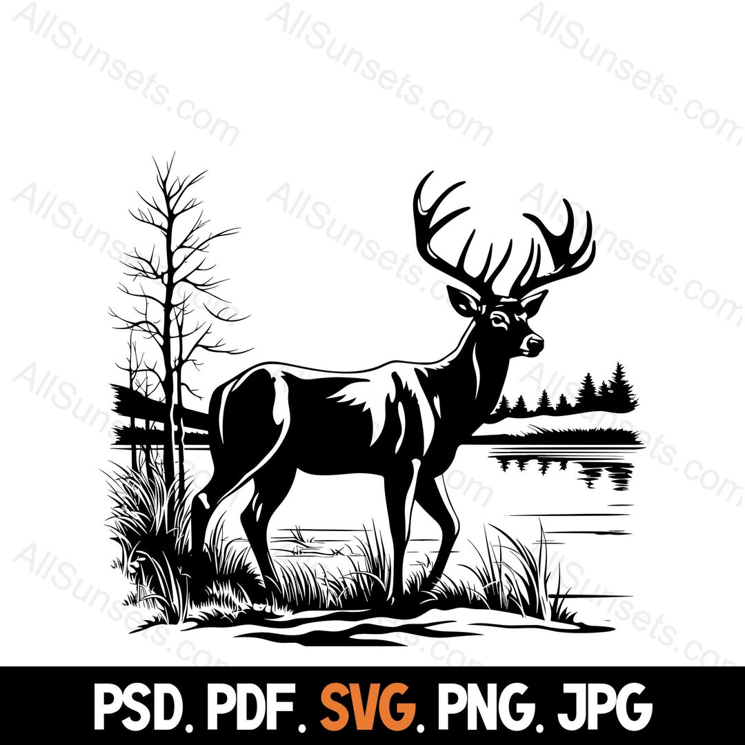 Deer Buck Lake Woods Scene Silhouette Svg Png Jpg Psd Pdf File Types ...
