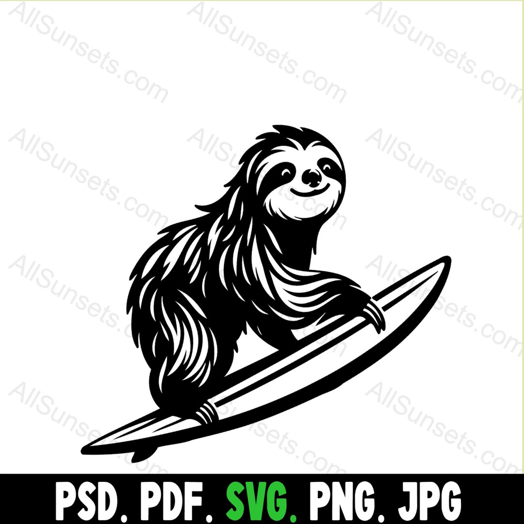 Sloth Surfing Surfboard Silhouette Svg Png Pdf Jpg Psd Vector File ...