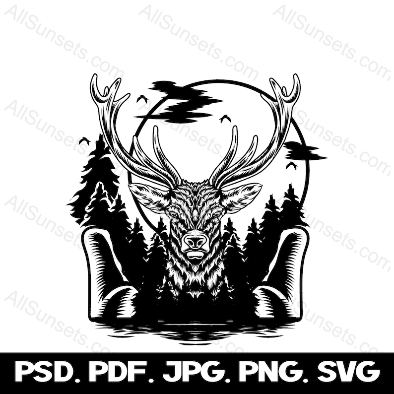 Deer Buck Trees Scene PNG SVG Vector File Format Animals - Etsy