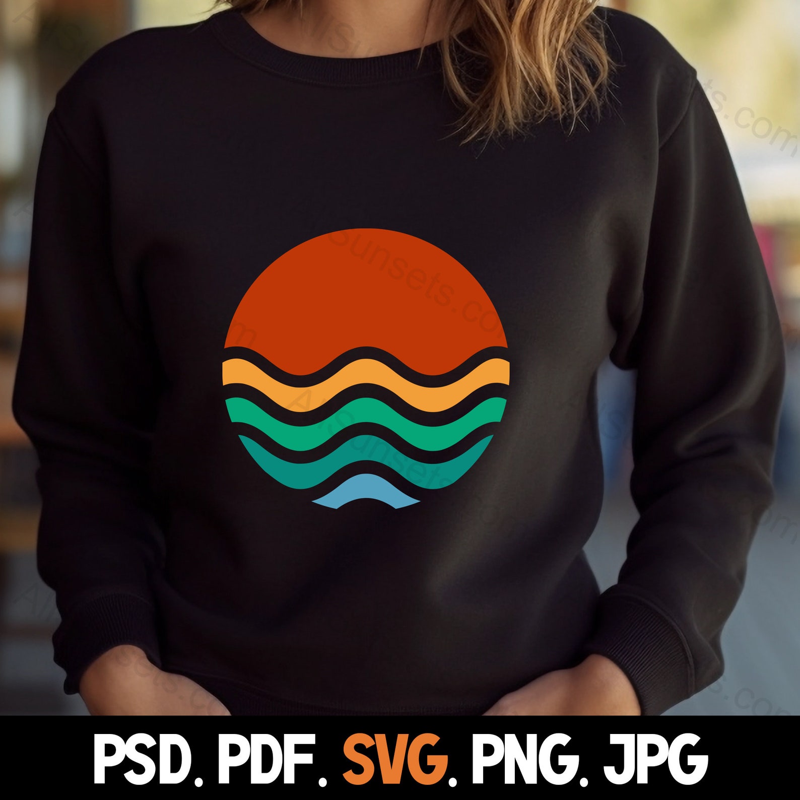Retro Wavy Sunset SVG PNG Vectors Wavy Water Lines Circle Graphics ...