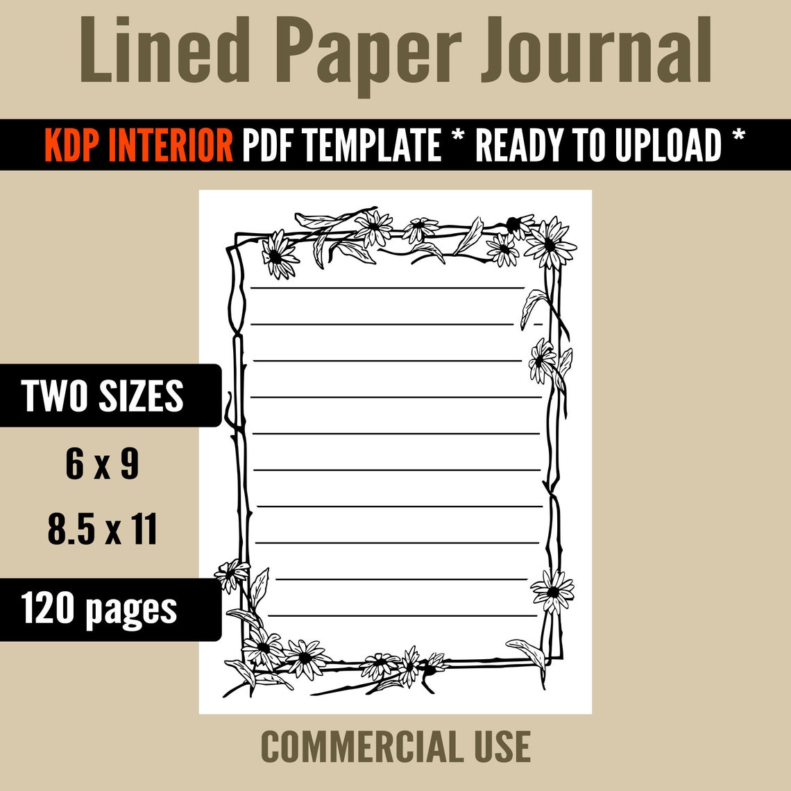 KDP Templates Daisy Frame Flowers Themed Journal Lined Paper | Etsy