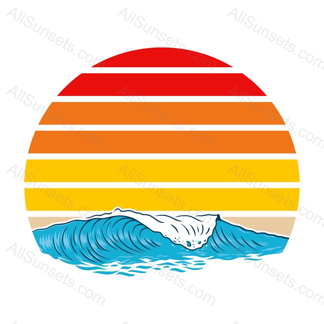 Retro Vintage Round Sunset Ocean Waves Horizontal PNG Clip Art Beach ...