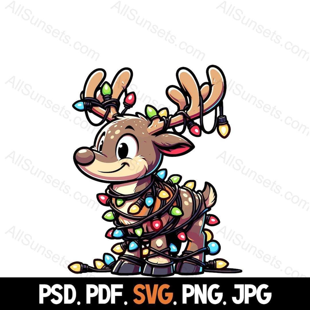 Cute Reindeer Wrapped in Christmas Lights Svg Png Pdf Psd Jpg Files ...