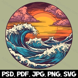 Ocean Waves Retro Sunset Circle Svg Png Psd Jpg Pdf Round Clipart Water ...