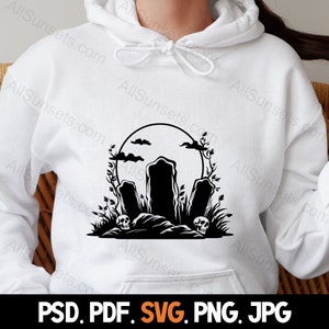 Graveyard Scene Silhouette Svg Png Jpg Psd Pdf File Types Spooky Skulls ...