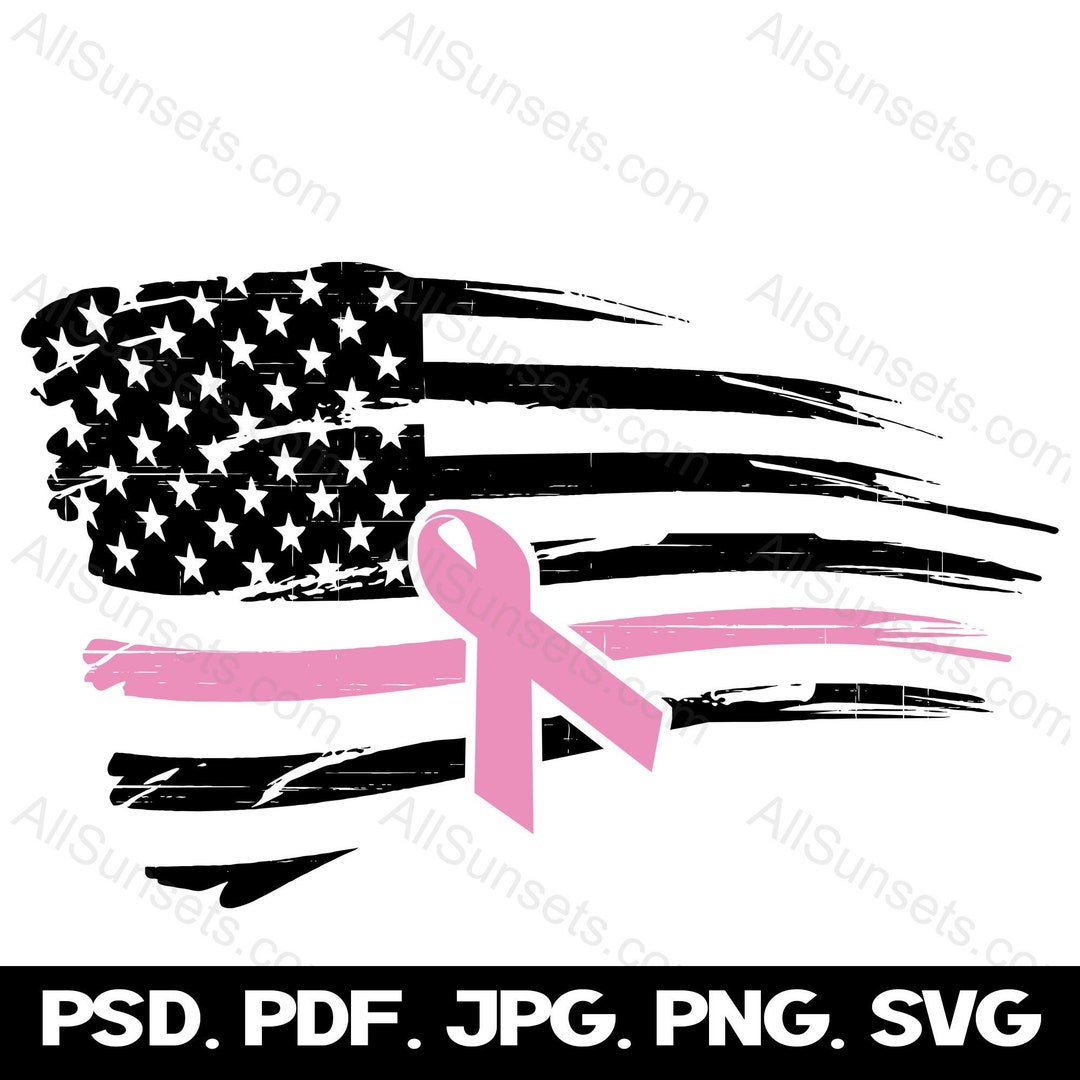 Pink Awareness Ribbon Torn Distressed American Flag Breast Cancer Cause ...