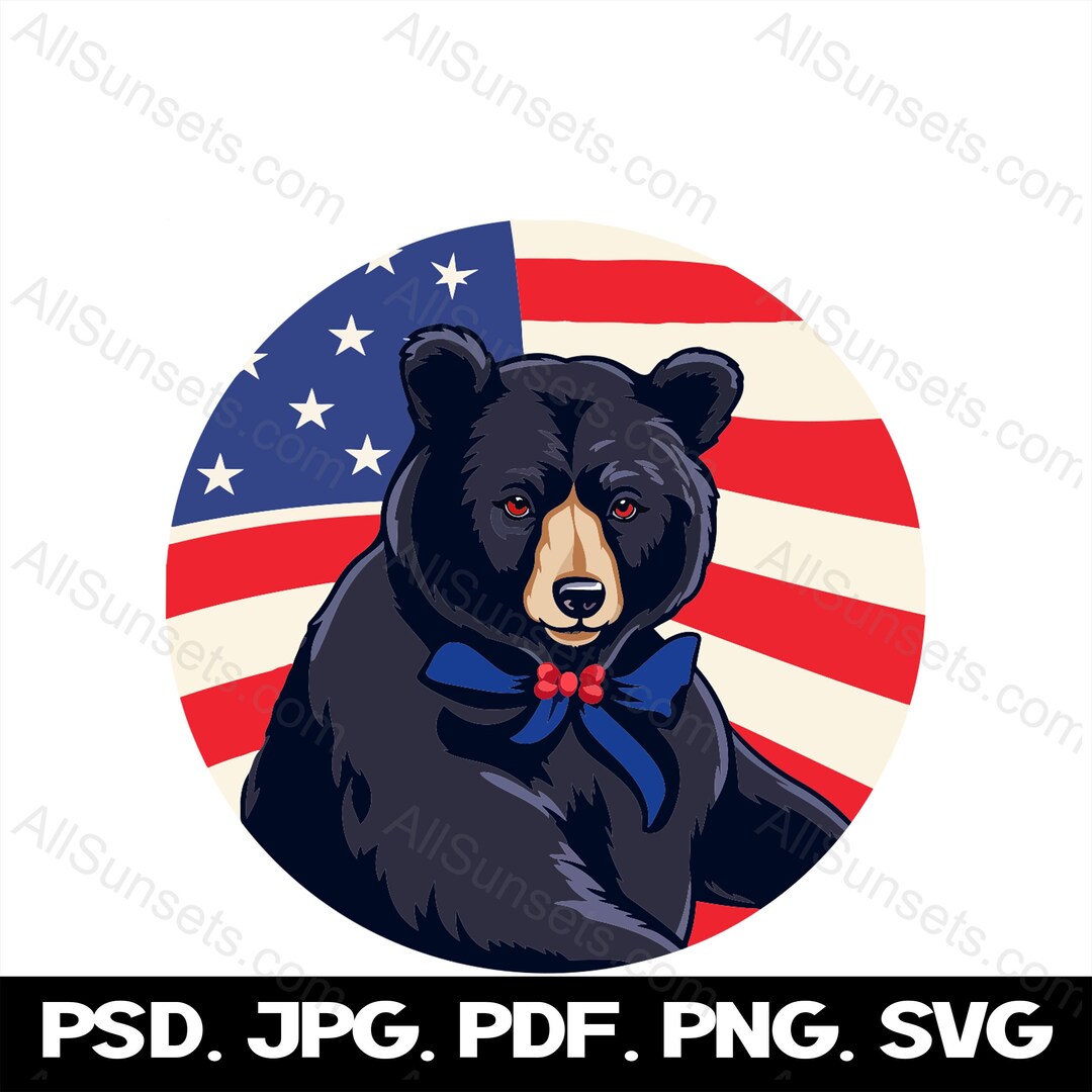 Black Bear With Ribbon Tie US Flag Circle Svg Png Jpg Pdf Psd Files ...
