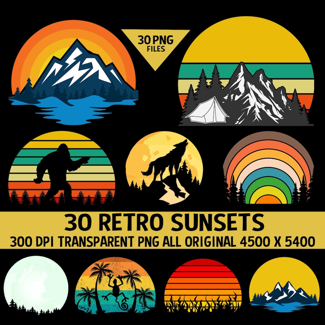 Retro Vintage Sunsets Pack 3 30 Sunset Clipart Sunrise Moons Bigfoot ...