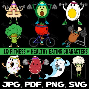 Healthy Exercise Fitness Characters Svg Png Pdf Jpg Broccoli Chicken ...