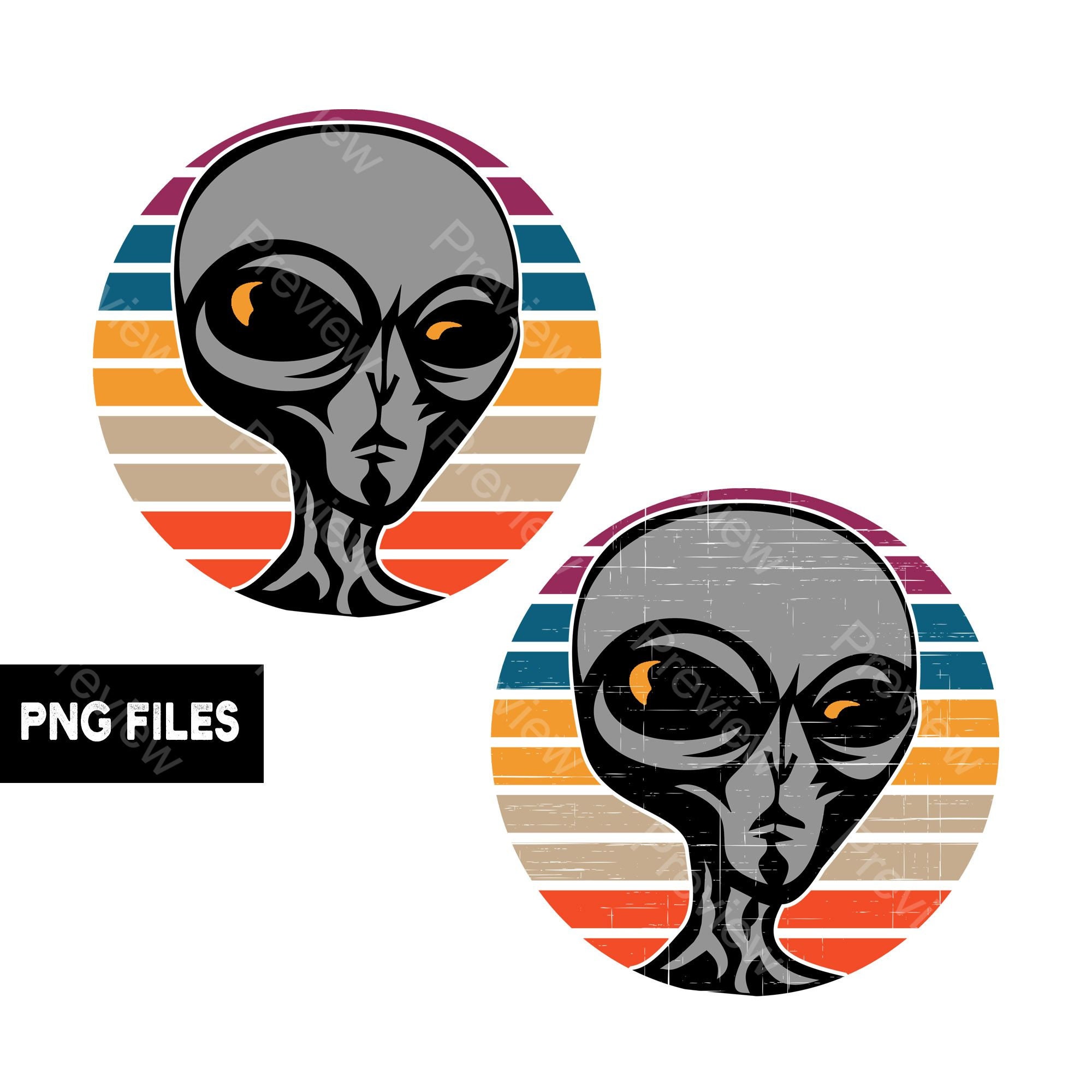 Grey Alien Head Retro Vintage Sunset PNG Files Transparent Graphic ...