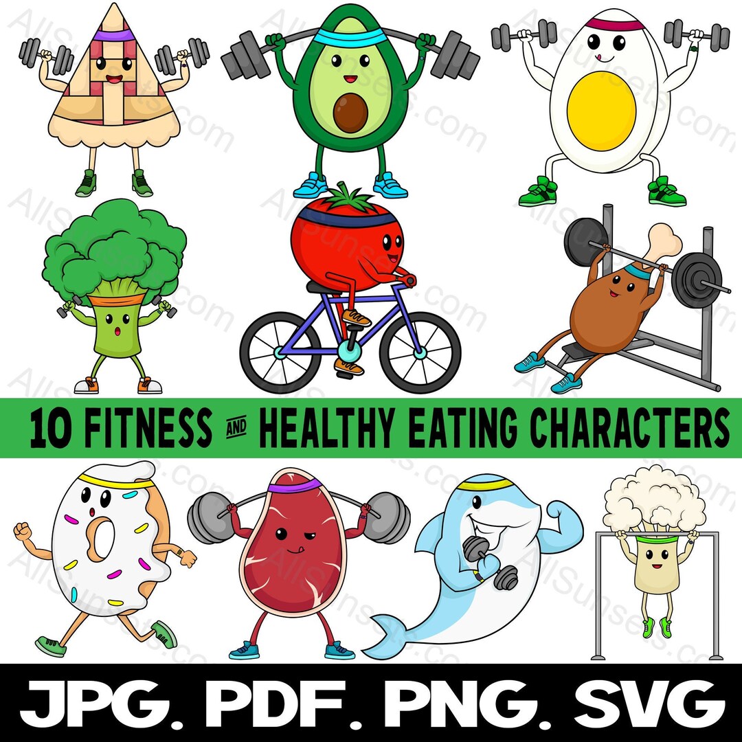 Healthy Exercise Fitness Characters Svg Png Pdf Jpg Broccoli Chicken ...