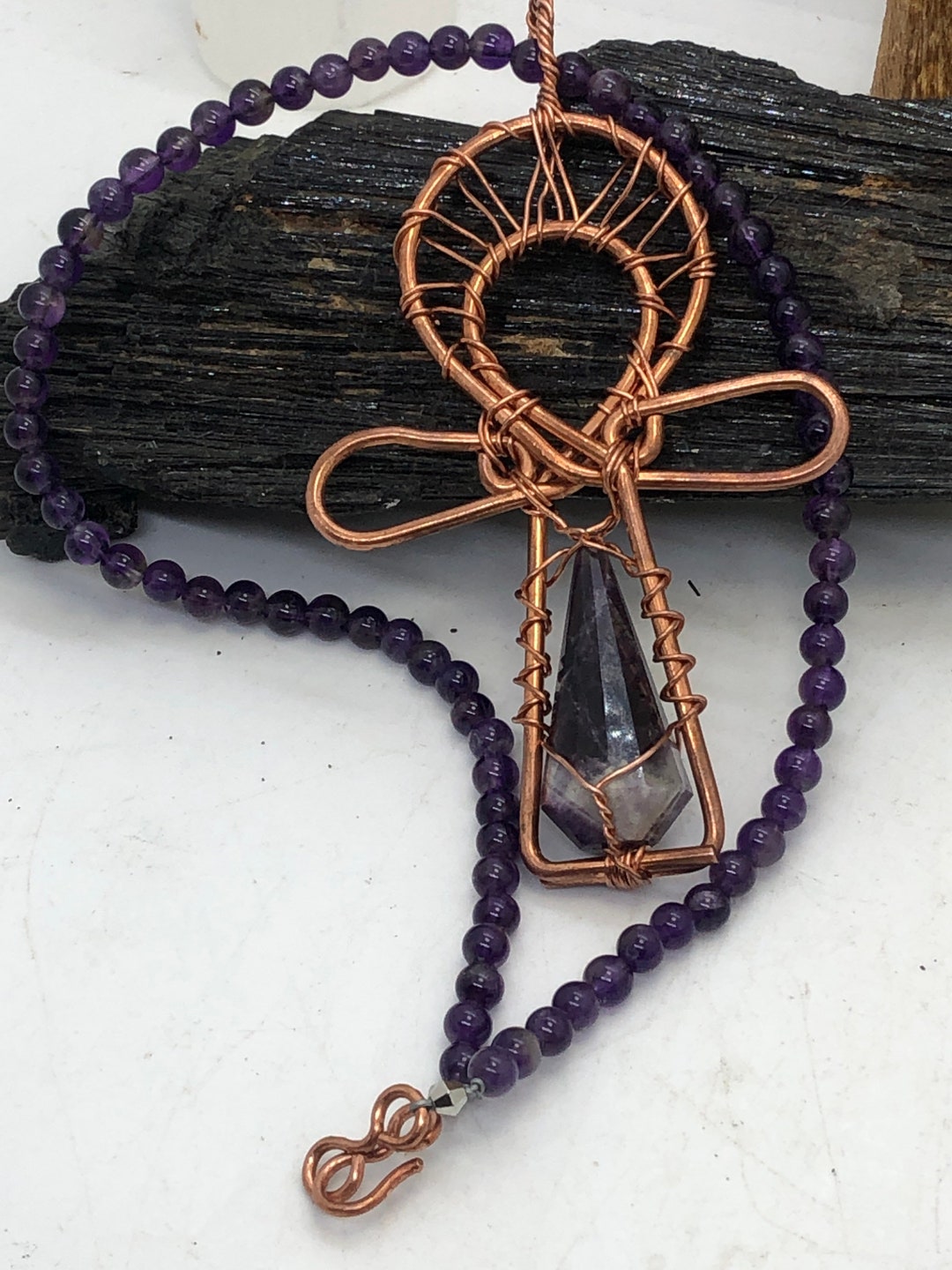 17 Inch Amethyst Necklace With Amethyst Vogel Ankh Pendant Copper ...