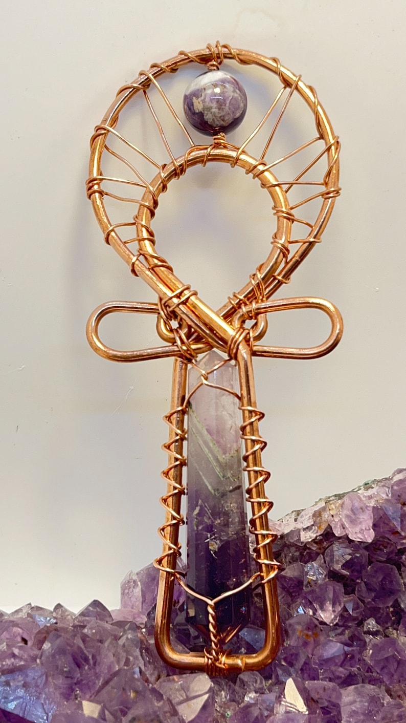 Amethyst Crystal Copper Wirewrapped POCKET Ankh - Etsy