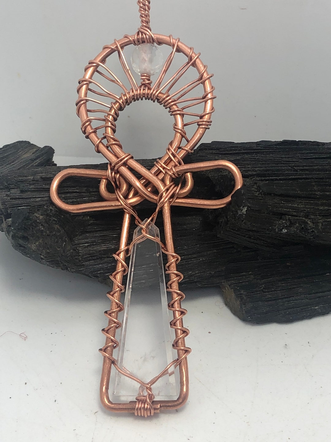 Crystal Quartz Copper Ankh Pendant, Wire Wrapped Egyptian Cross ...