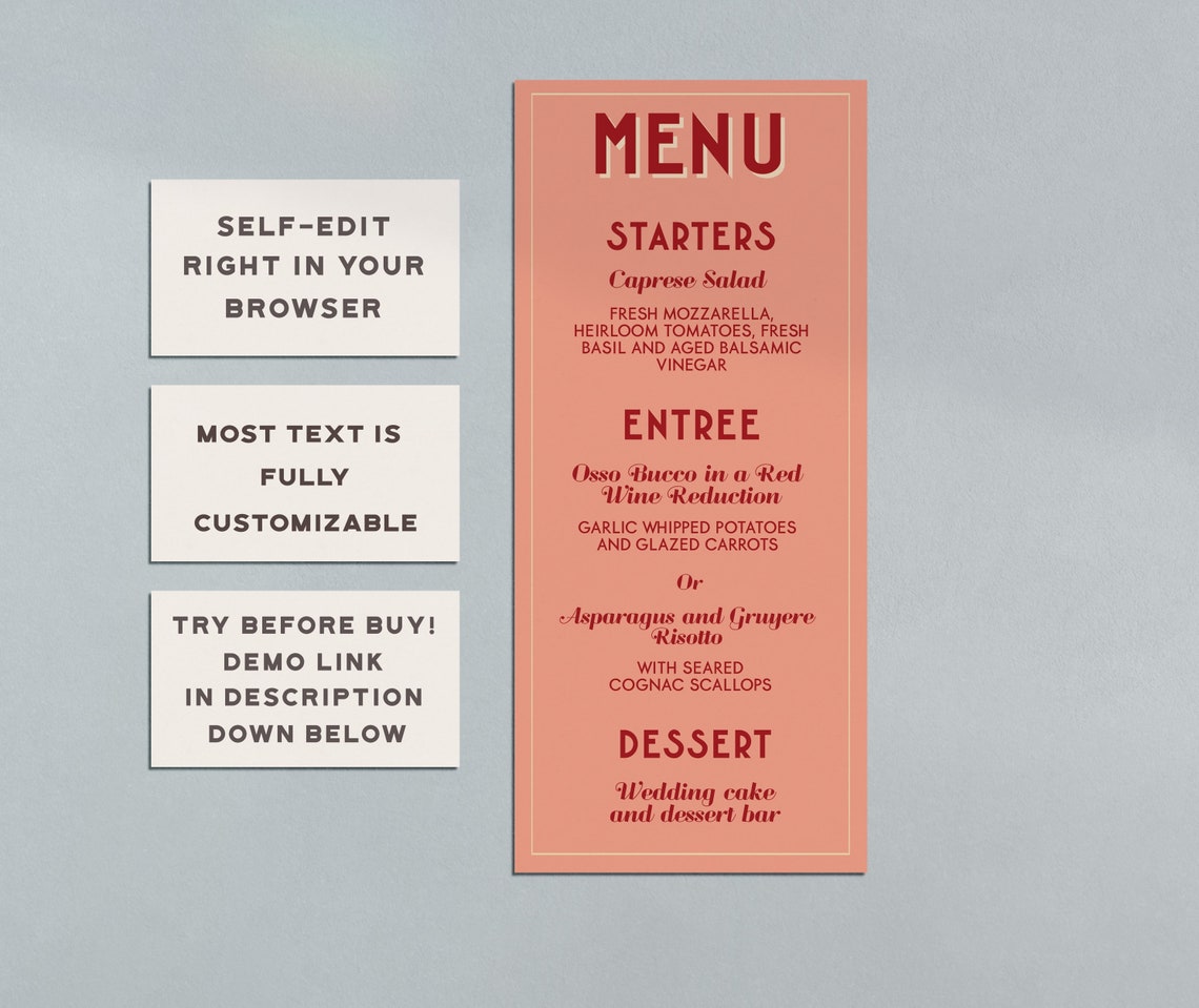 Printable Wedding Menu Template/50s Vintage Wedding Menu Download/retro ...