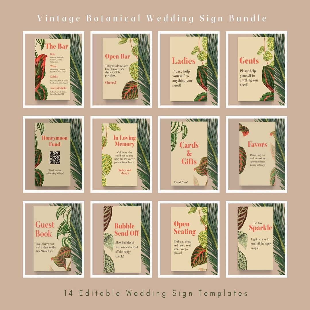 Vintage Botanical Wedding Signage Bundle Set/diy Wedding Template ...