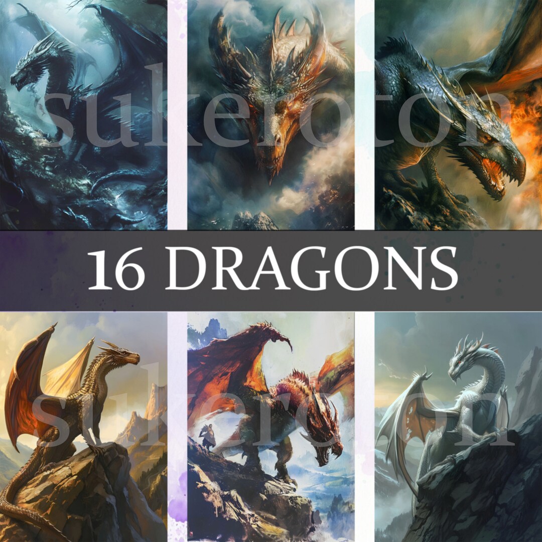 16 Dragons Printable Fantasy Dragonland Digital Paper, Magical Mystery ...