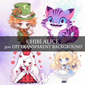 60 Alice in Wonderland Clipart Bundle, Chibi Cheshire Cat PNG, Mad ...