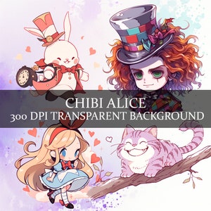 56 Alice in Wonderland Clipart Bundle, Chibi Cheshire Cat PNG, Mad ...