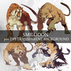 12 Smilodon Clipart PNG Bundle, Sabertooth Tiger PNG, Sabretooth Cat ...