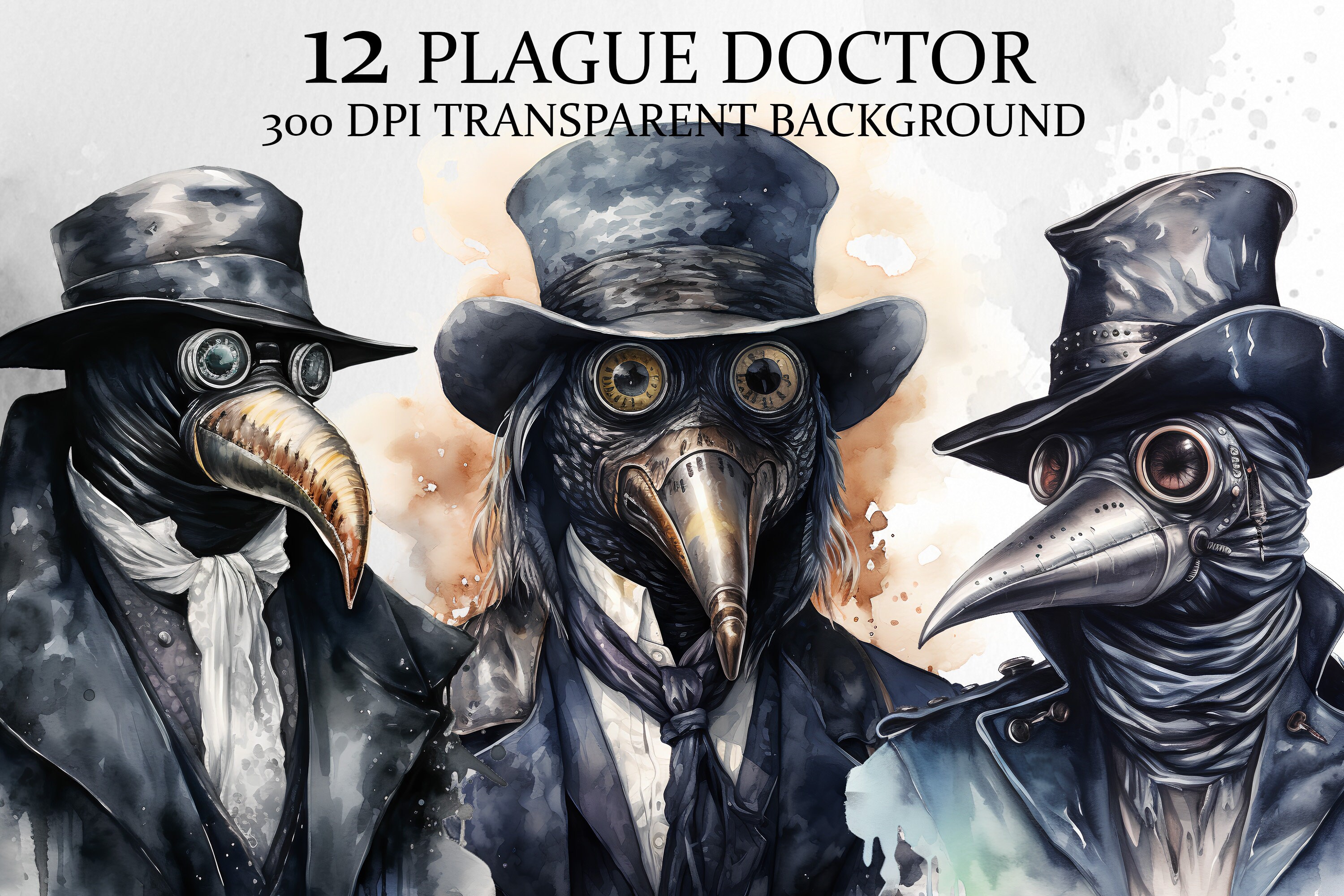 Watercolor Plague Doctor Clipart PNG 12 Plague Doctor Bundle, Gothic ...