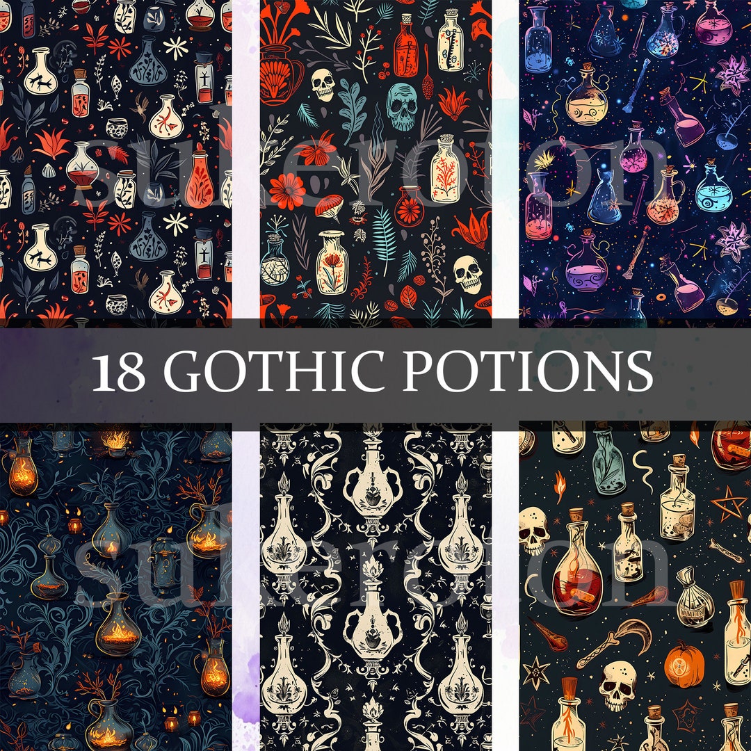 23 Gothic Potions & Fantasy Brews Watercolor Seamless Pattern Bundle ...