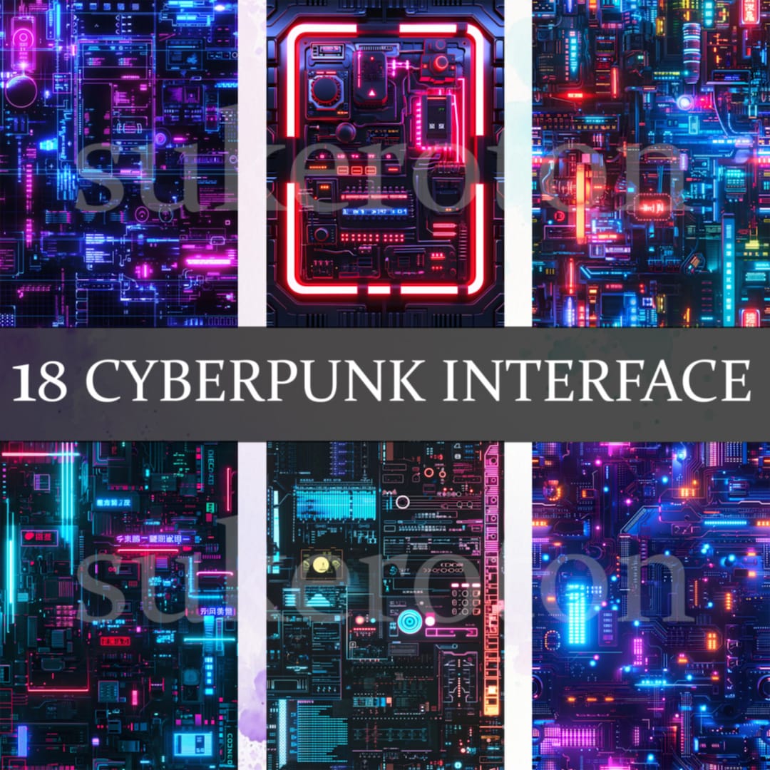 18 Cyberpunk Interface Panels Seamless Pattern Bundle Digital Papers ...