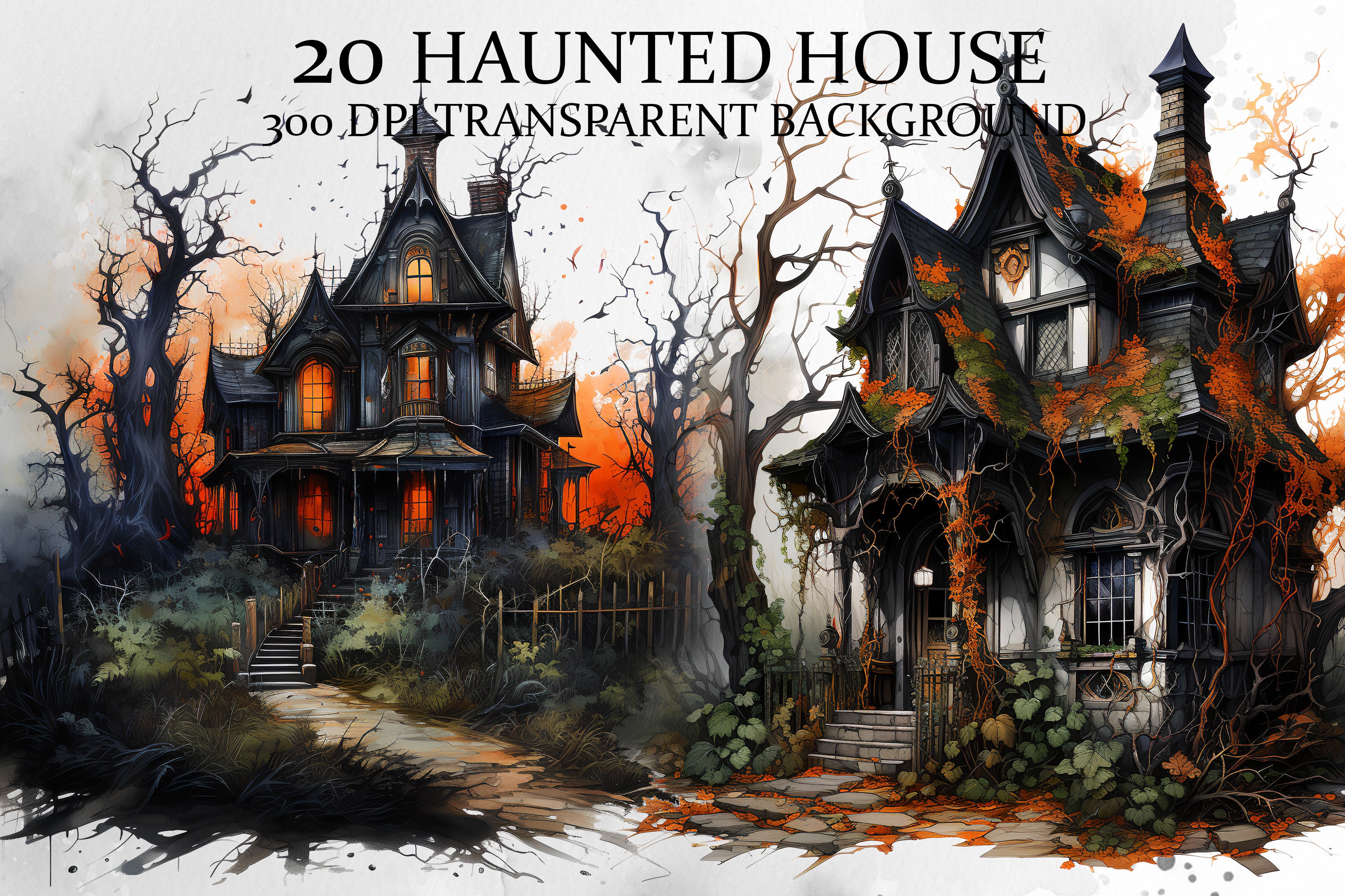 20 Haunted House Clipart Bundle, Spooky Manor, Gothic Style Images ...